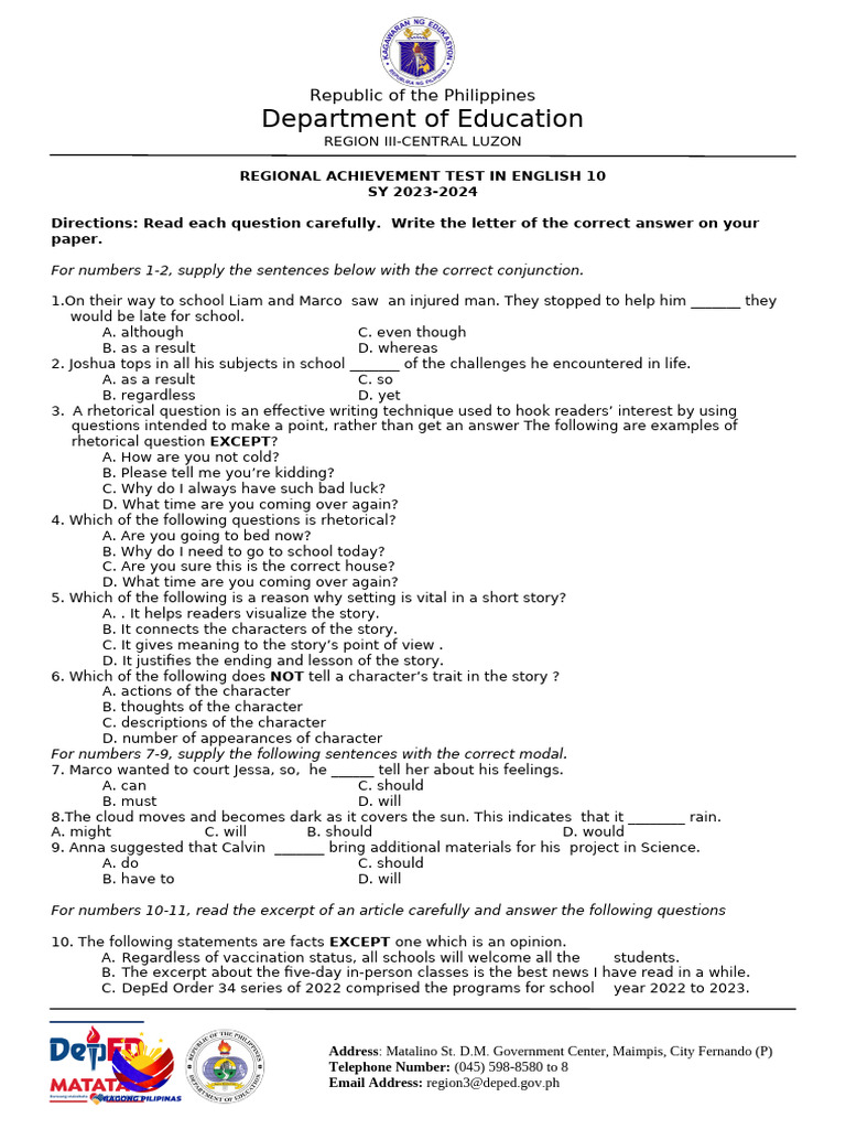 English 10 Regional Achievement Test | PDF