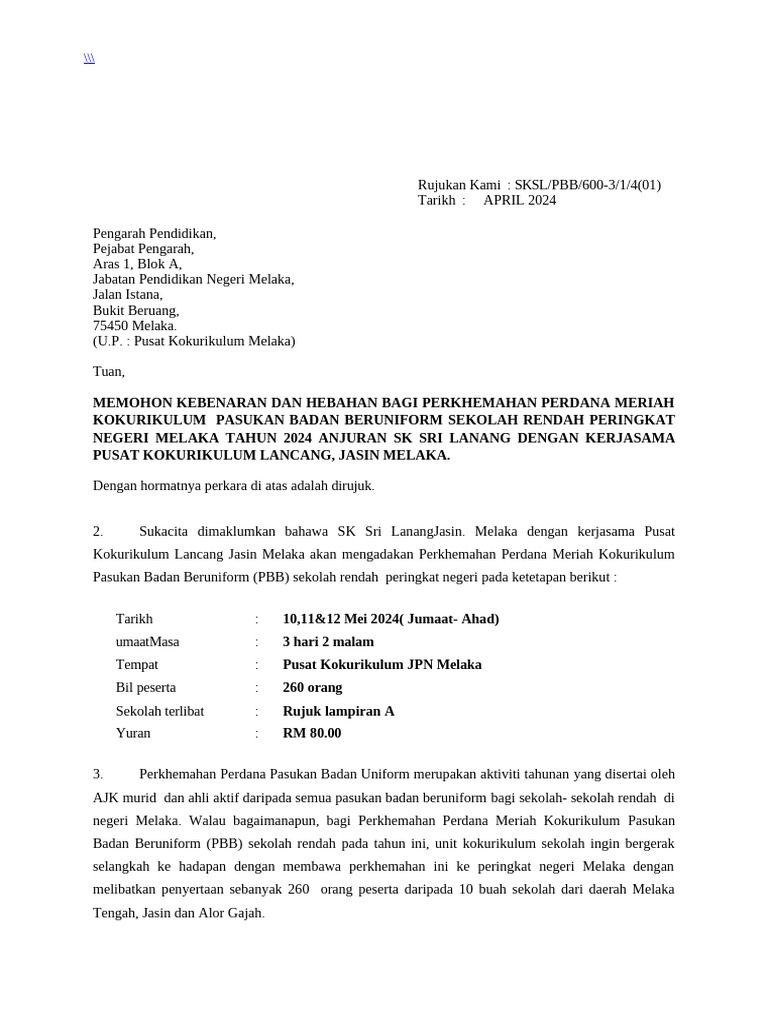 2 Contoh Surat Permohonan & Hebahan Perkhemahan Meriah Koku Peringkat | PDF