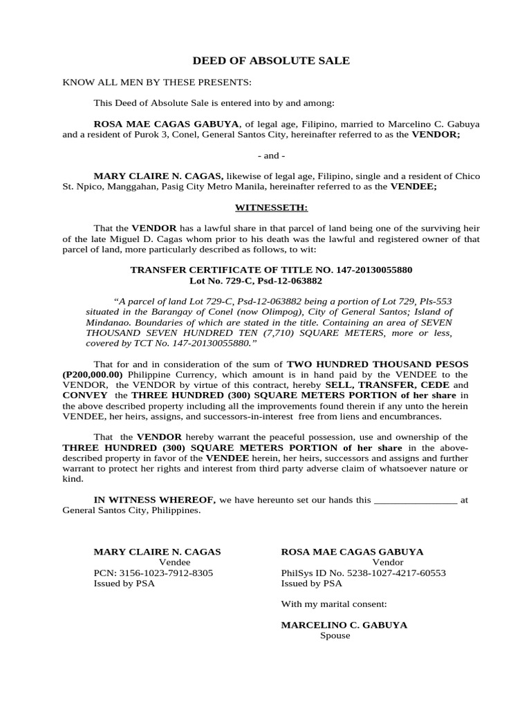 DEED OF Absolute Sale | PDF | Philippines | Natural Resources Law