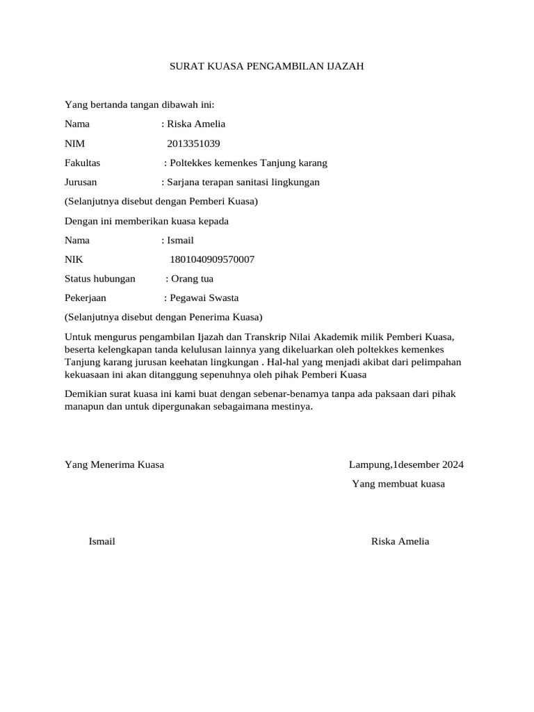 Surat Kuasa Pengambilan Ijazah Riska Amelia 1 | PDF