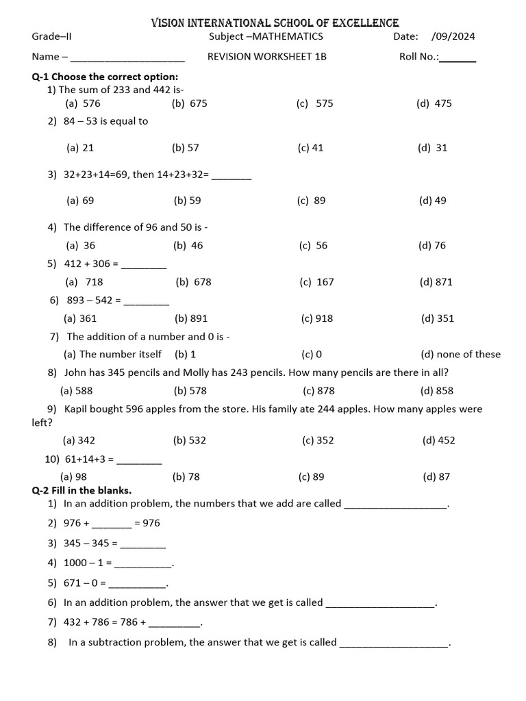 Grade 2 Maths Revision Worksheet | PDF