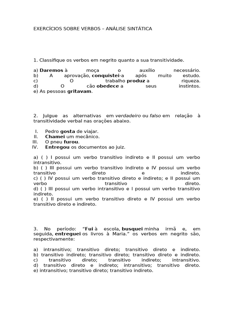 Exercícios Sobre Verbos - Análise Sintática 8º 2020 | PDF | Famílias linguísticas