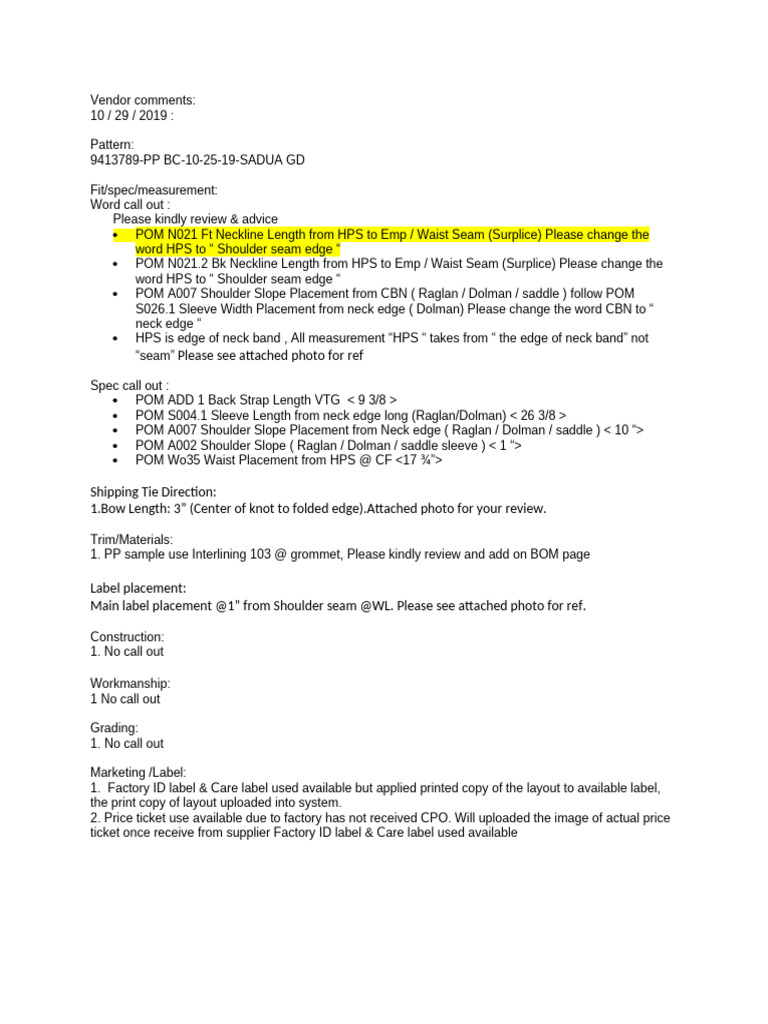 Vendor comments format | PDF