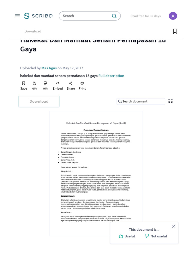 Hakekat Dan Manfaat Senam Pernapasan 18 Gaya - PDF | PDF