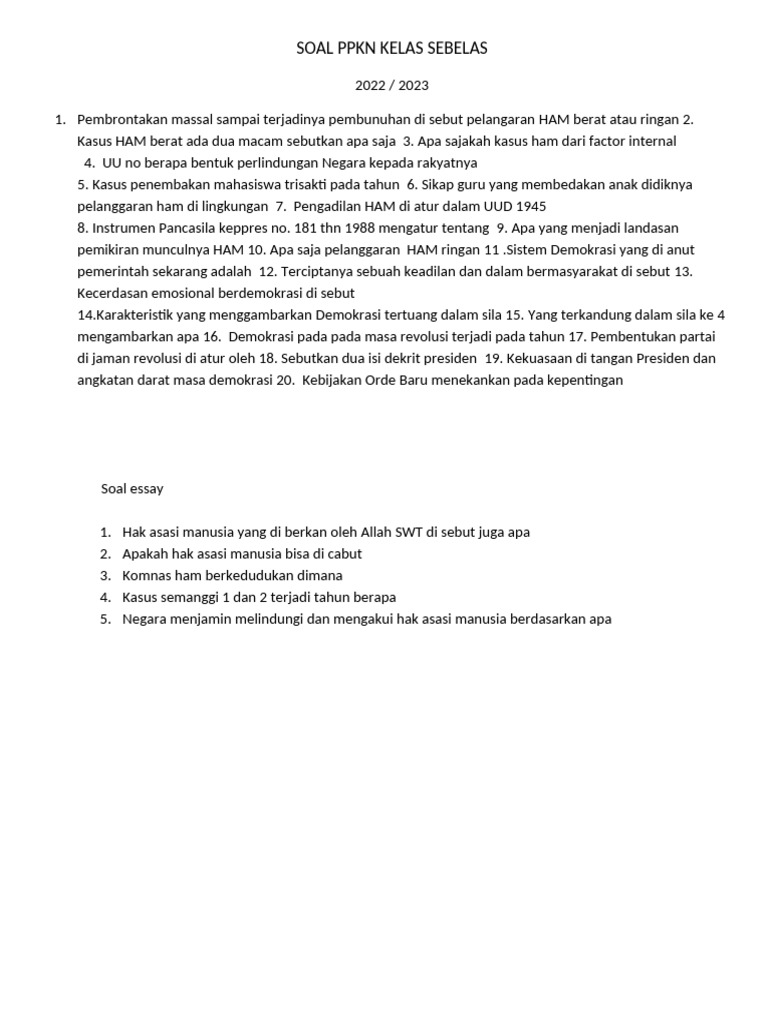 Soal PPKN Kelas 11: Pelanggaran HAM dan Demokrasi | PDF