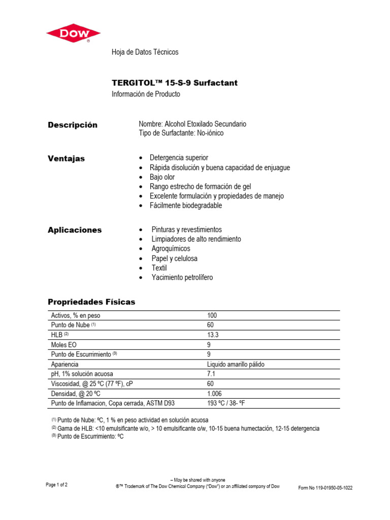 119 01950 05 Tergitol 15s9 Surfactant | PDF | Solubilidad | Solvente