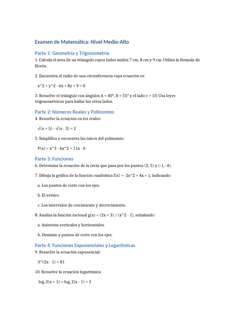 Examen Matematica Nivel Medio Alto | PDF