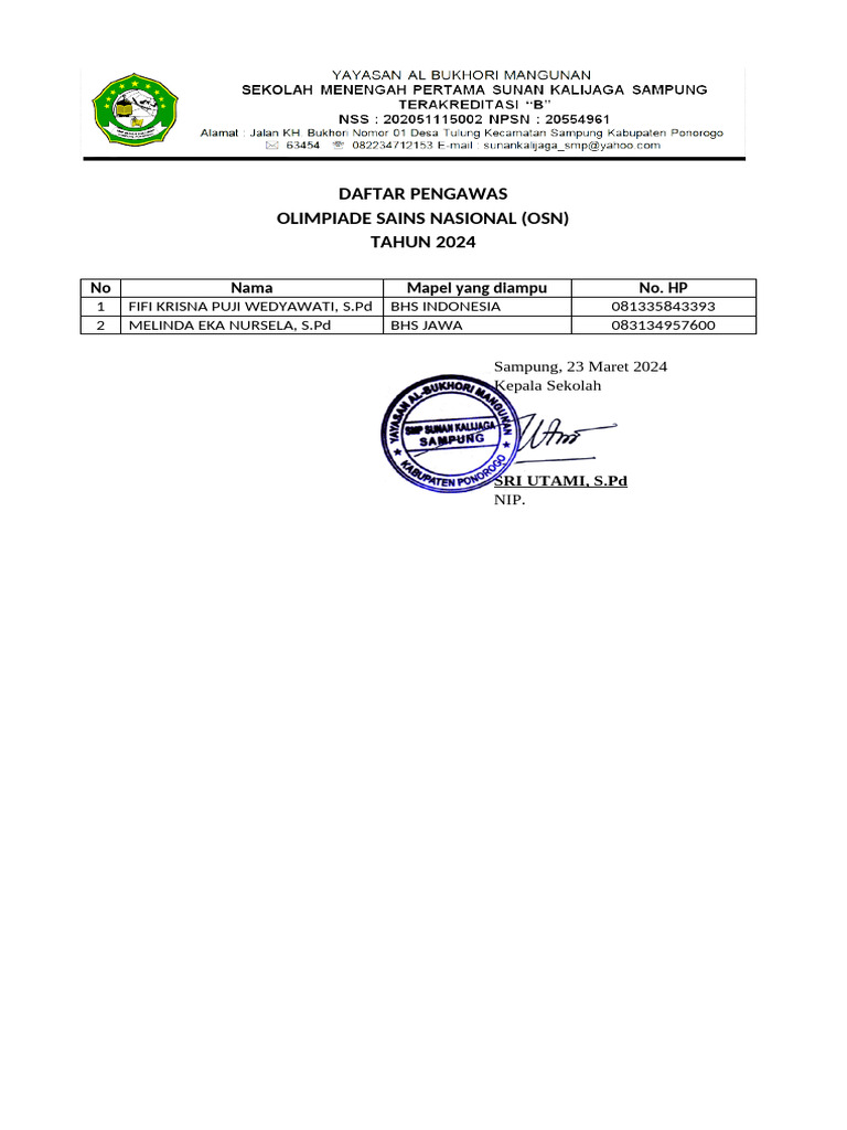 DAFTAR PENGAWAS OSN 2024 | PDF