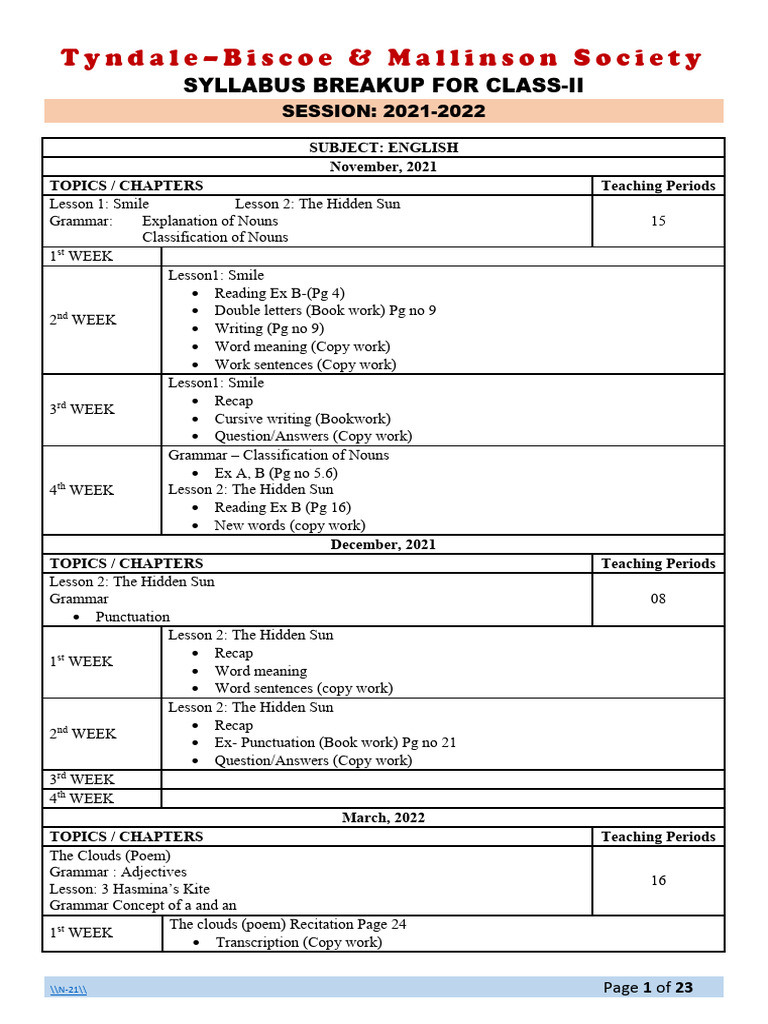 Class-2-Syllabus-2021-22 | PDF | Noun | Plural
