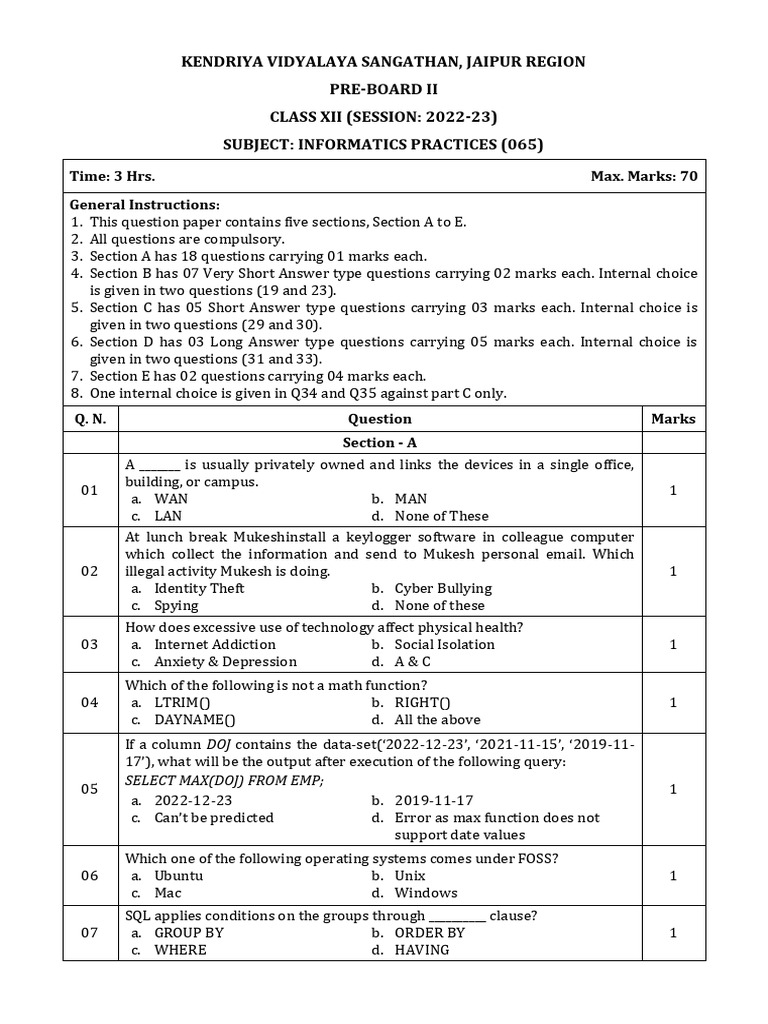 QP Information Practice-XII PB-2 | PDF | Computers