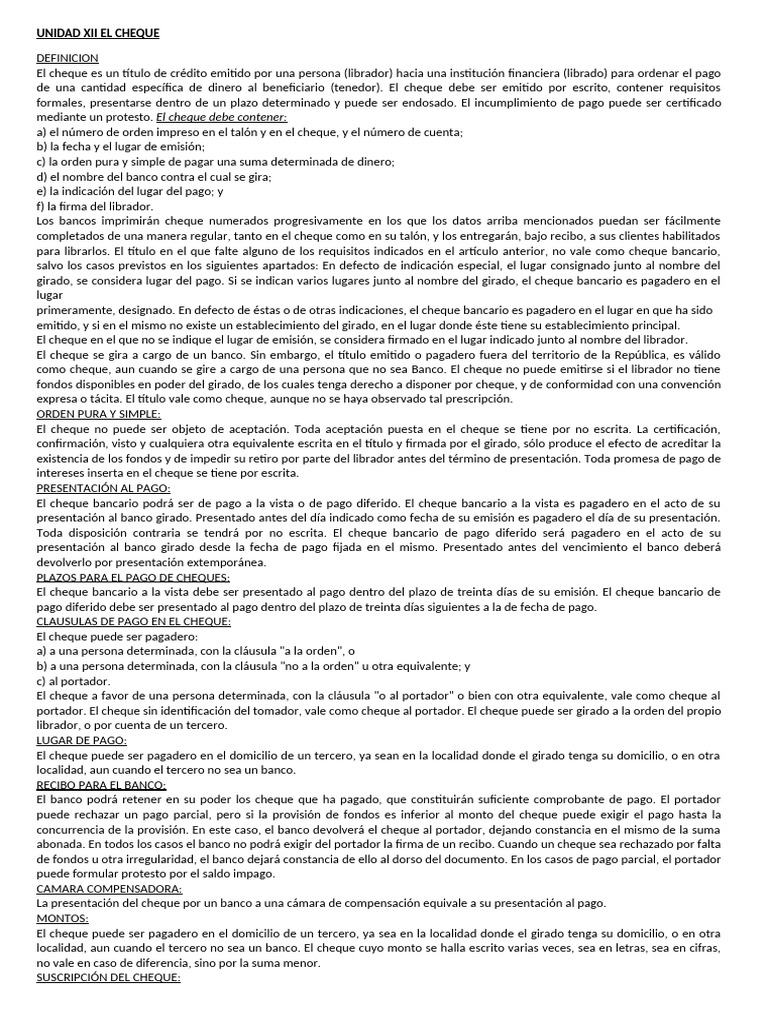 Definición y características del cheque | PDF | Cheque | Bancos