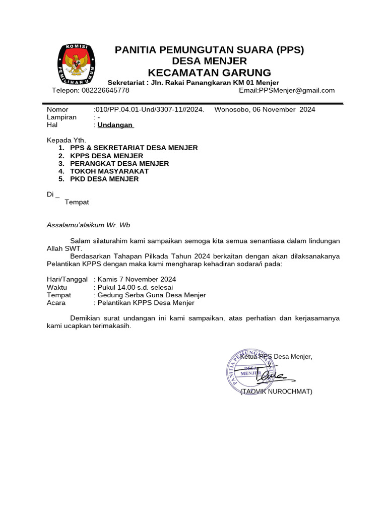 Undangan Pelantikan dan BIMTEK KPPS Menjer | PDF