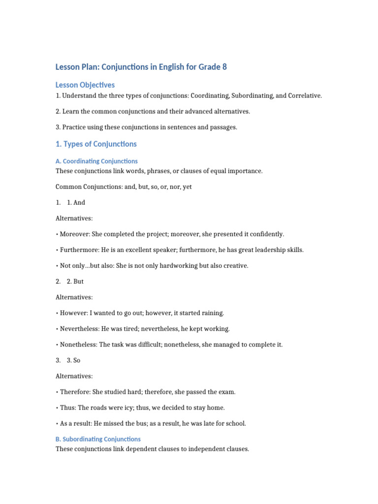 Grade 8 Conjunctions Lesson Plan | PDF | Language Mechanics | Grammar