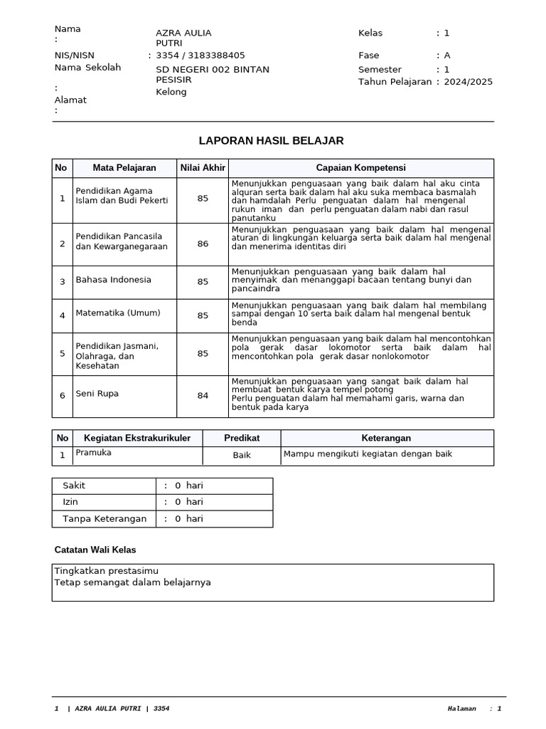 Rapor - AZRA AULIA PUTRI | PDF