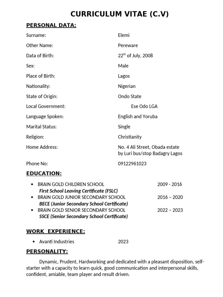Curriculum Vitae of Pereware Elemi | PDF