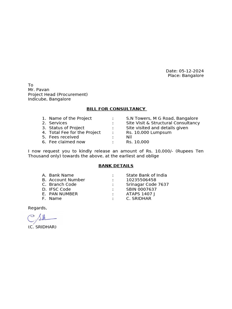 Consultancy Bill for S.N Towers Project | PDF
