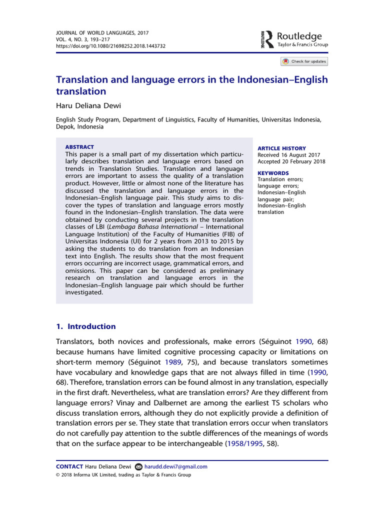 Translation and Language Errors in The Indonesian-English Translation ...