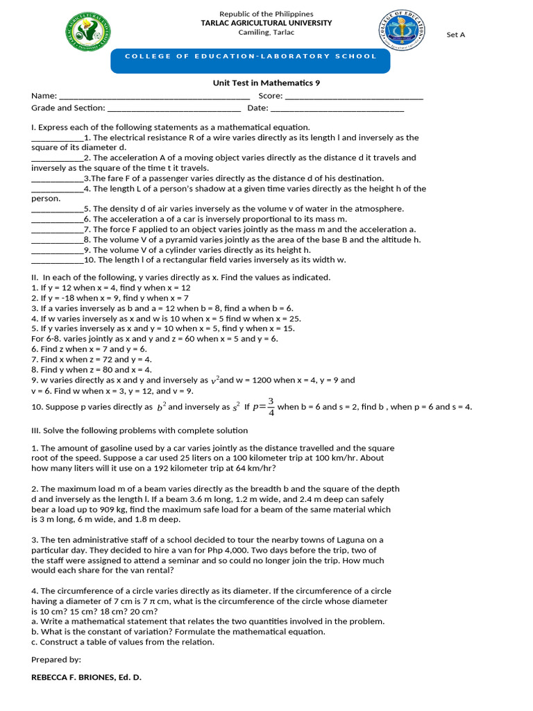 Math 9 Unit Test on Variation SET A | PDF | Volume | Length