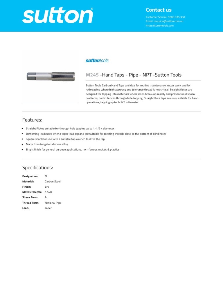 Sutton Tools NPT Hand Taps Guide | PDF | Pipe (Fluid Conveyance) | Metals