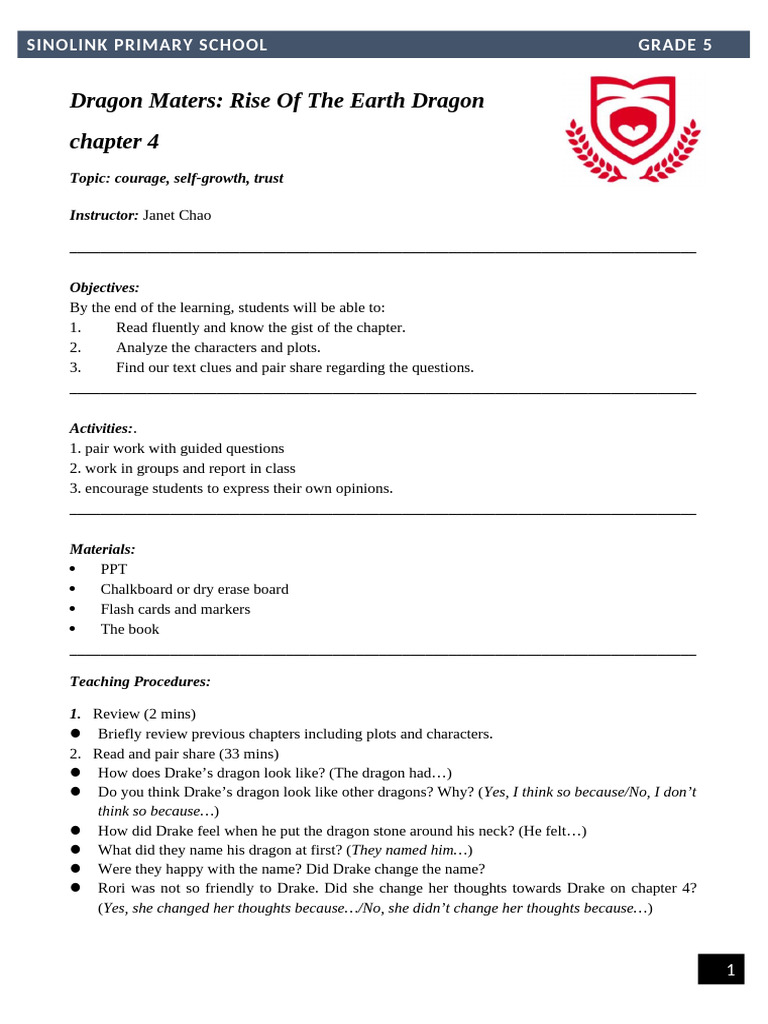 Grade 5 Lesson: Dragon Masters Chapter 4 | PDF