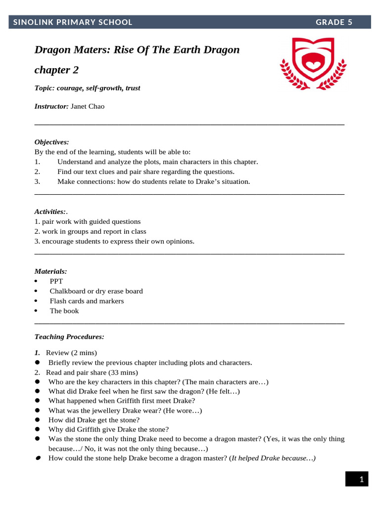 Grade 5 Lesson: Dragon Masters Chapter 2 | PDF