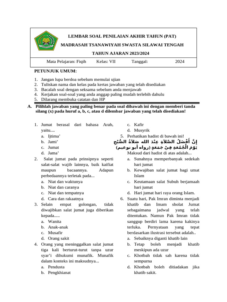 Soal Pat Kelas Vii Fiqih | PDF