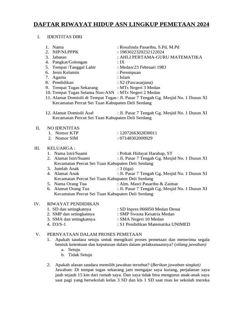 FORMAT BIODATA ASN_Rosalinda | PDF