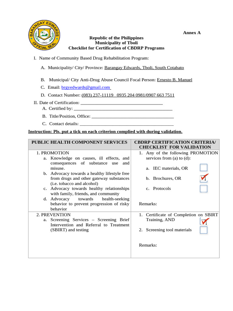 Annex a Checklist for CBDRP Program | PDF | Substance Abuse | Addiction ...