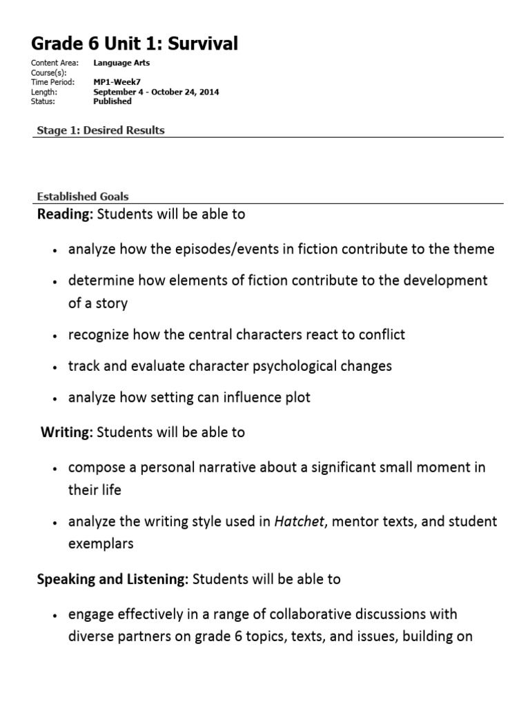 Unit Grade 6 Unit 1 Survival 20170803162342 | PDF | Reading ...