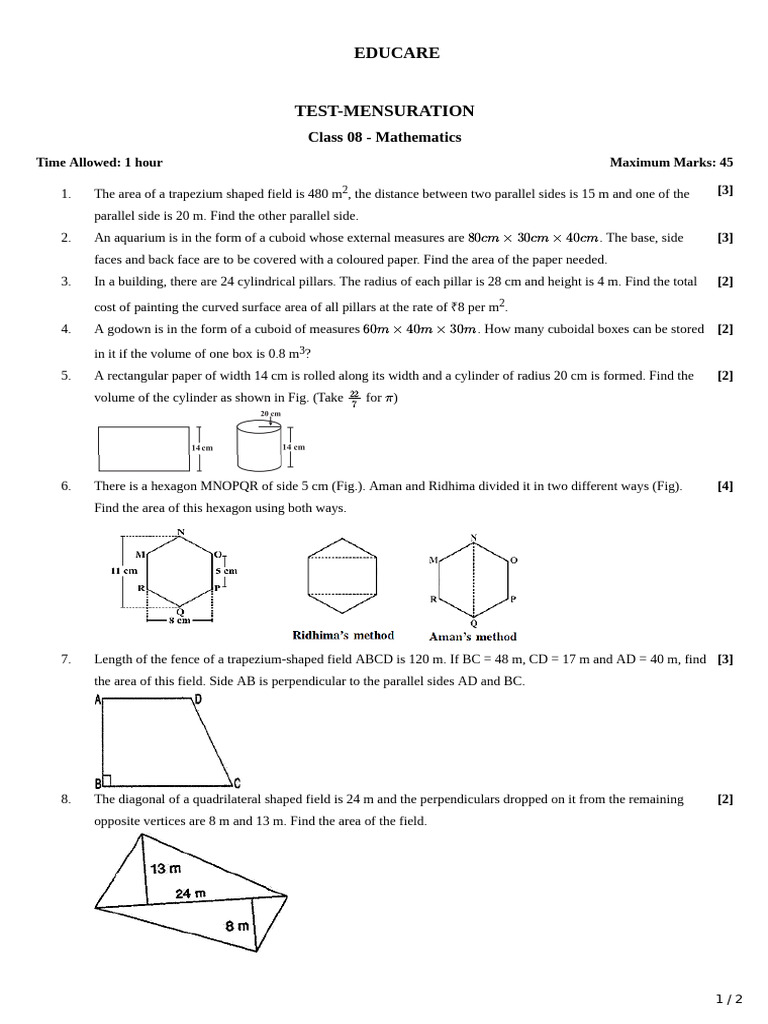Class 3 Geometry Questions | PDF | Area | Length