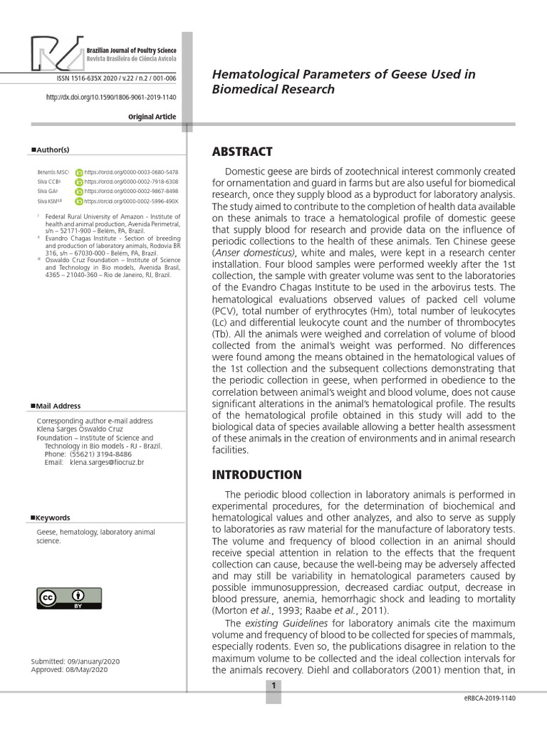 Hematological Parameters of Geese Used in Biomedic | PDF | White Blood Cell | Blood