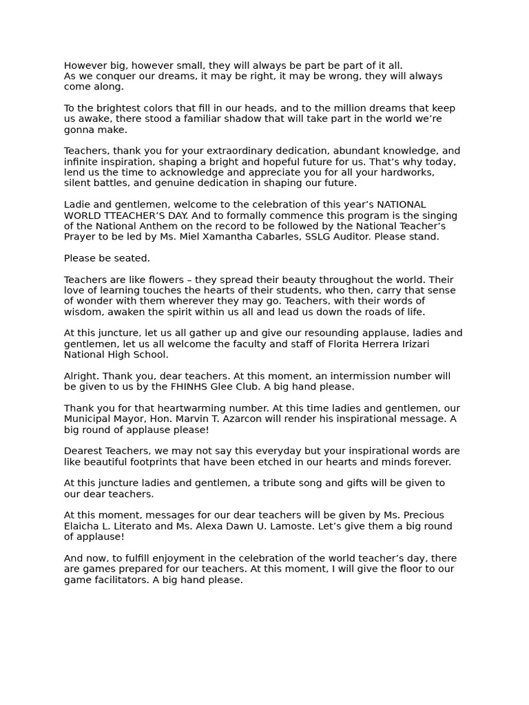 Teacher's day Emcee Script | PDF