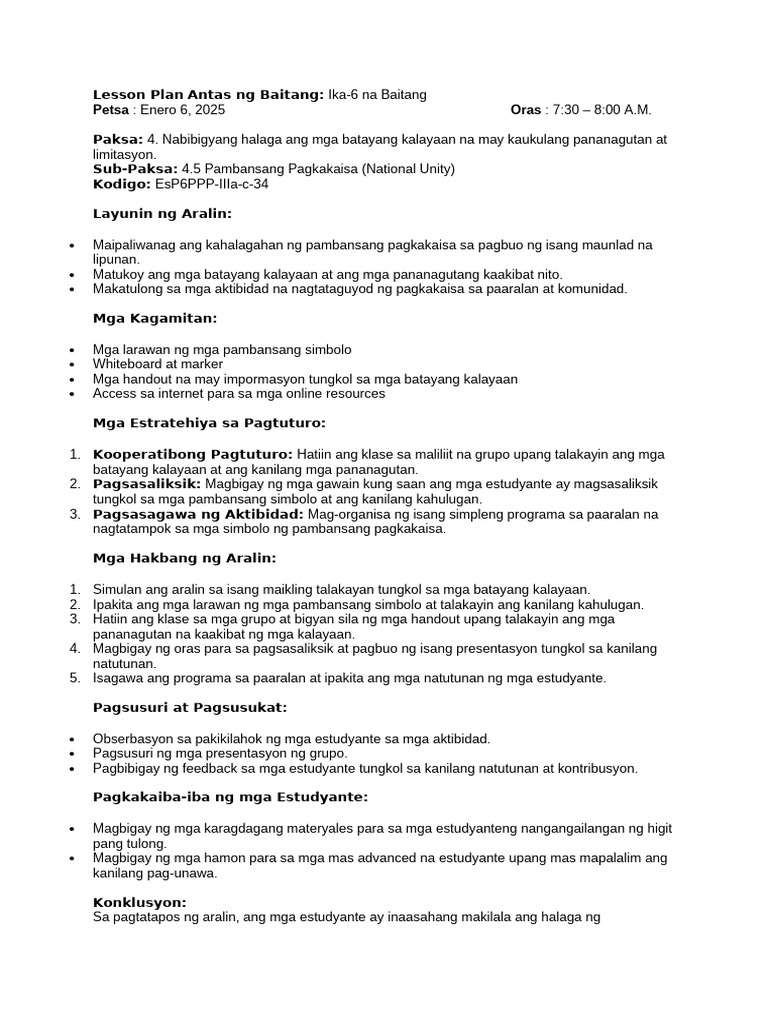 Lesson Plan Esp 6 | PDF