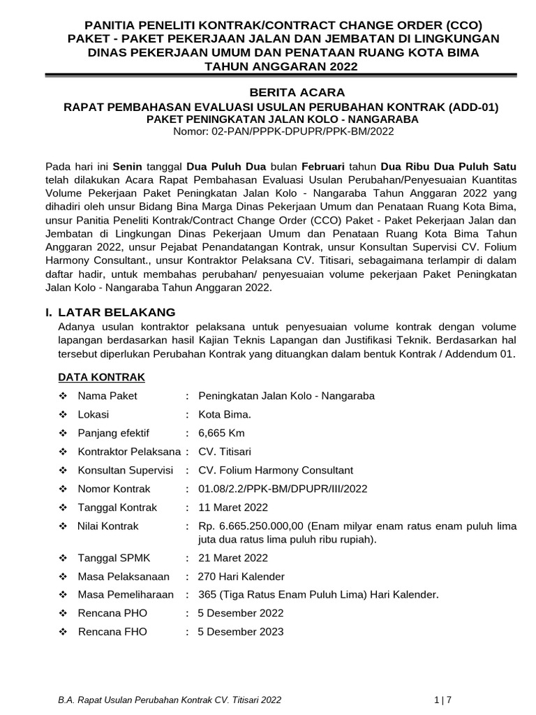 19. Berita Acara Rapat Pmbhsn Evaluasi Usulan Perb. Kontrak Kolo Nangaraba | PDF