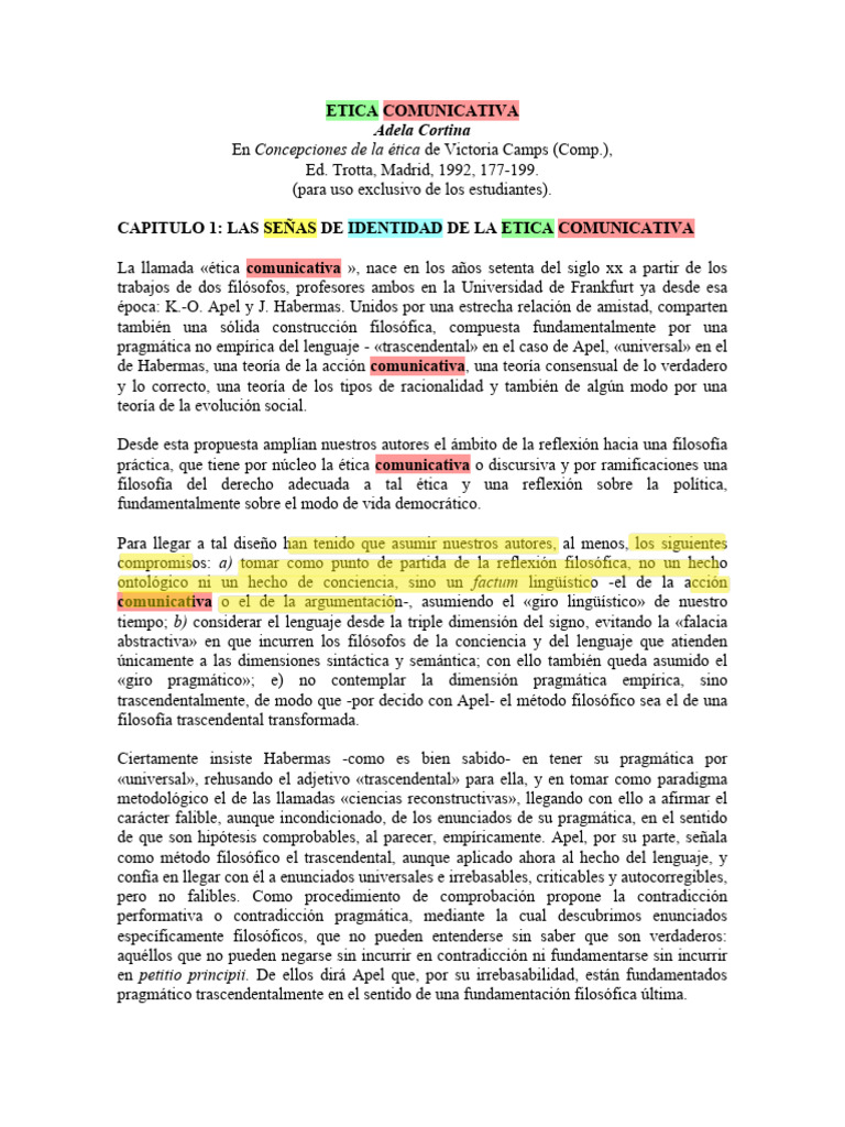 Etica Comunicativa Adela Cortina_cap 1 | PDF | Immanuel Kant | Jürgen ...