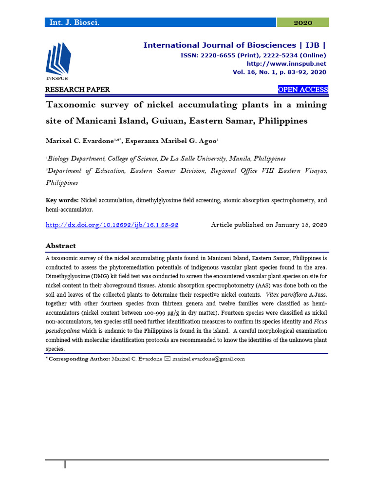Taxonomic survey of nickel accumulating plants in a mining site of ... Taxonomic survey of nickel accumulating plants in a mining site of ...