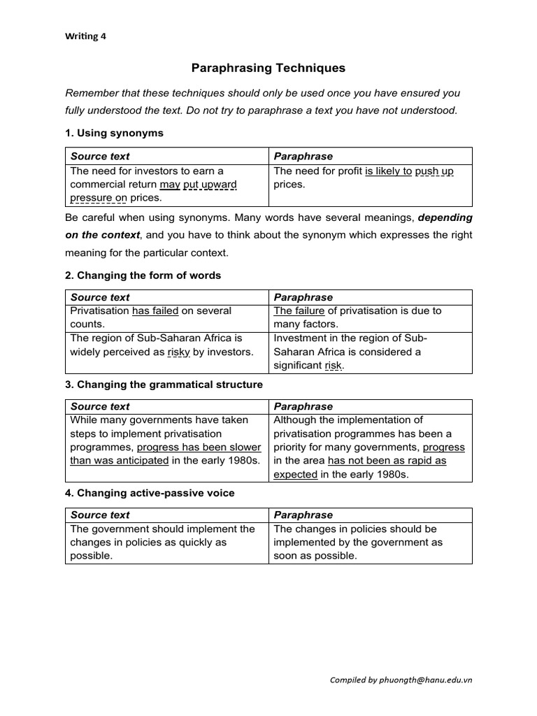Paraphrasing Techniques and Practice | PDF | Verb | Noun