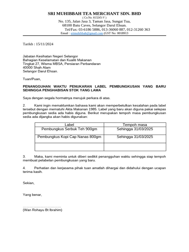 Surat Penangguhan Penukaran Label (Mesti 2021) | PDF