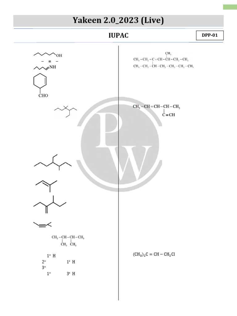 IUPAC Naming - DPP 01 (Of Lec 03) - (Yakeen 2.0 2023 PW Star) | PDF | Organic Chemistry | Chemistry