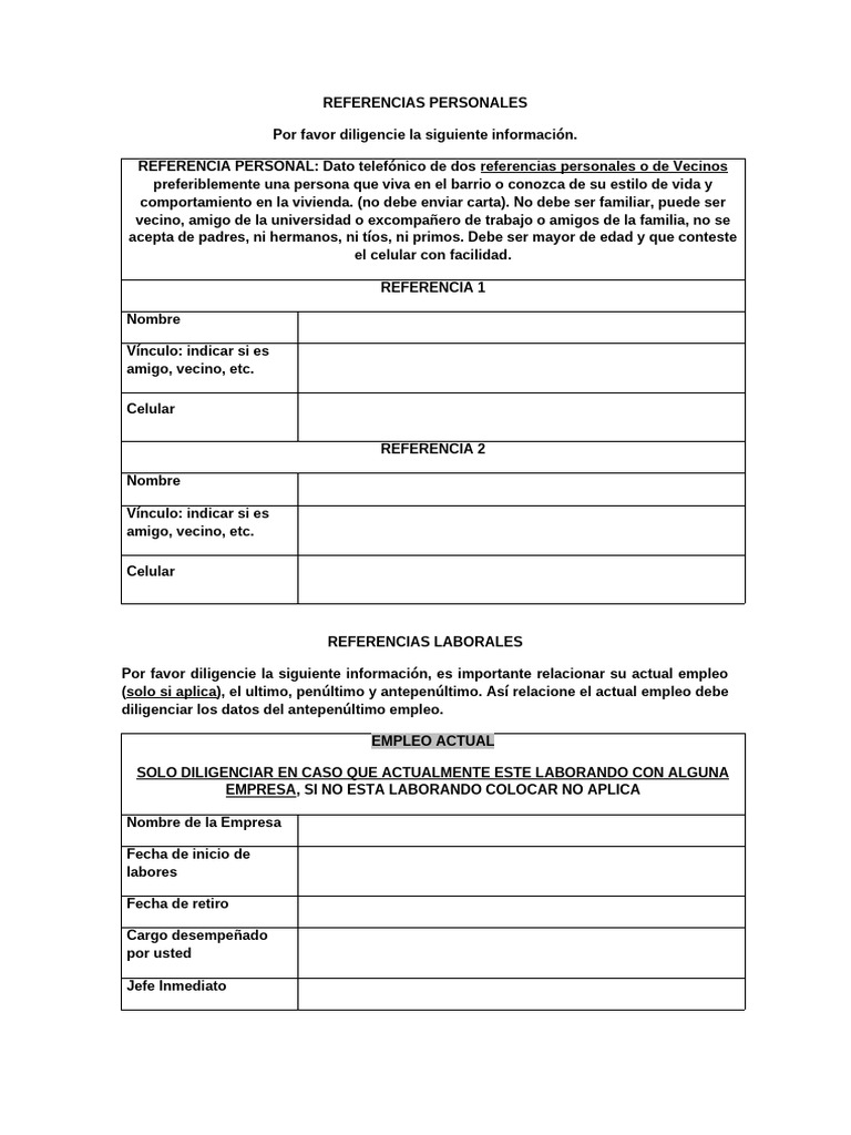 Formato Referencias Personales y Laborales | PDF