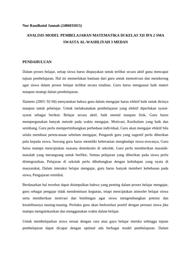 Essai Analisis Model Pembelajaran Matematika | PDF