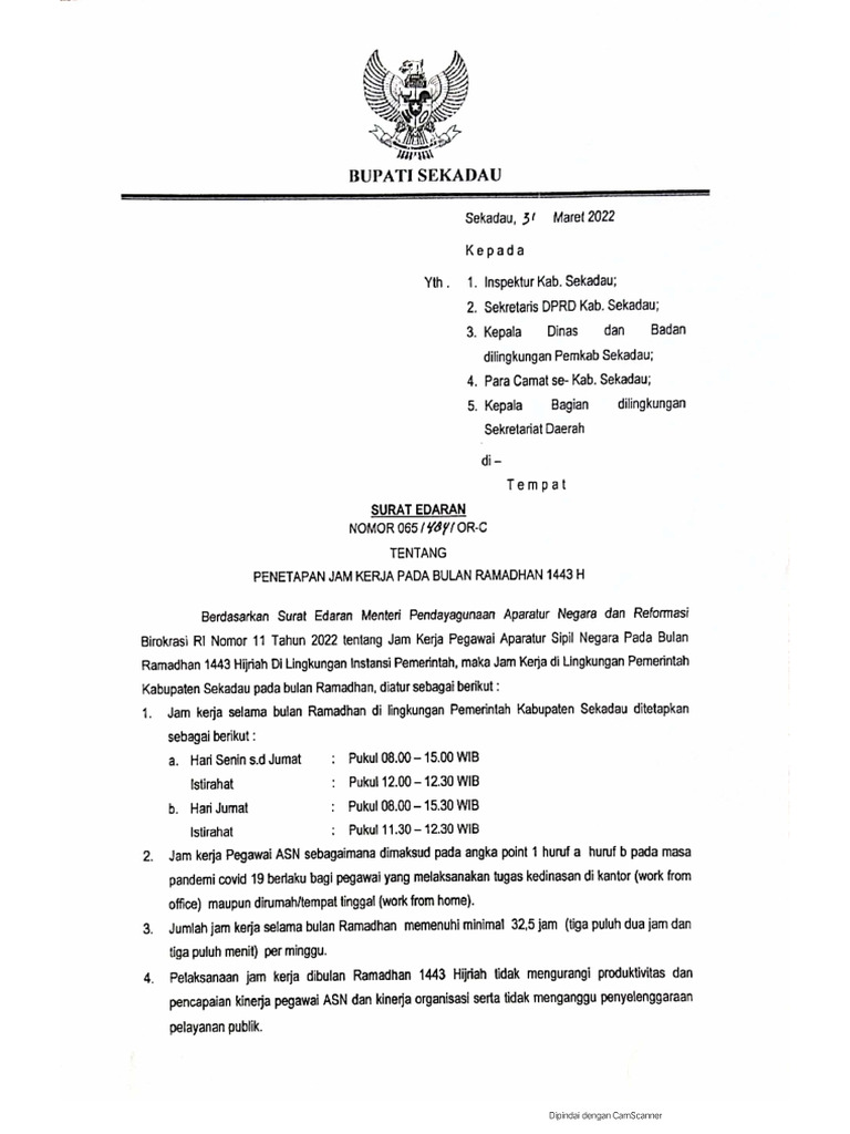 Surat Edaran Tentang Penetapan Jam Kerja Pada Bulan Ramadhan 1443 H PDF | PDF