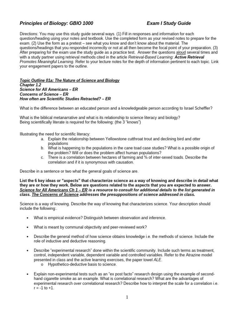 Principles of Biology: GBIO 1000 Exam I Study Guide: Retrieval-Based ...