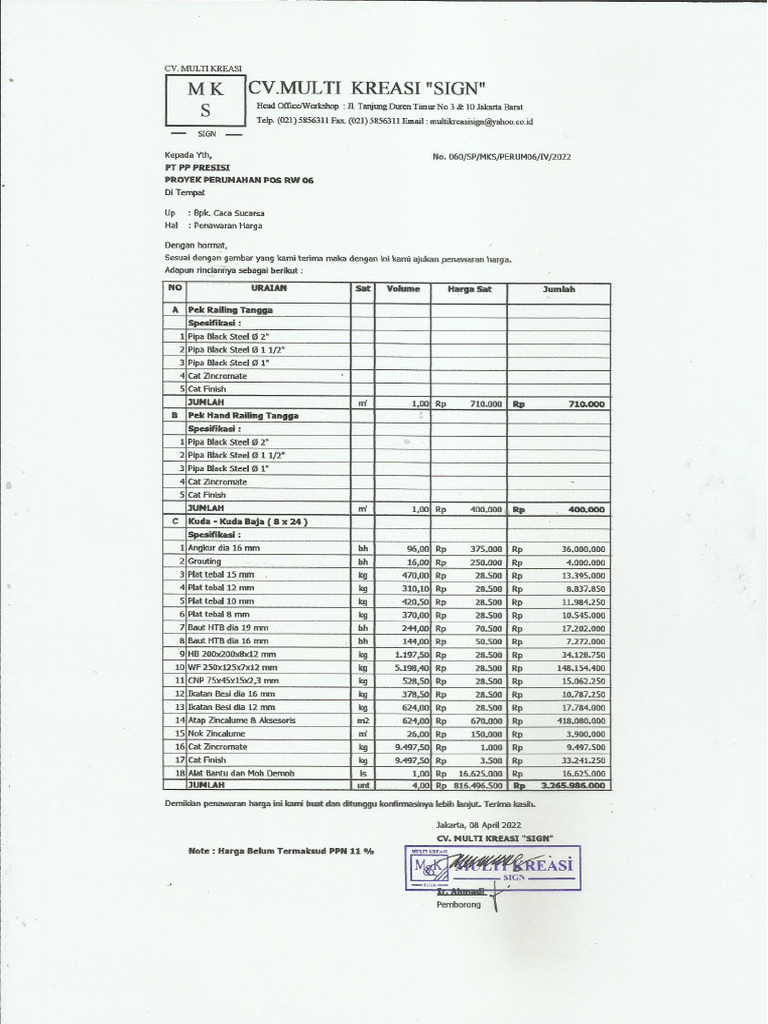 Penawaran Harga Pt Pp Presisi | PDF