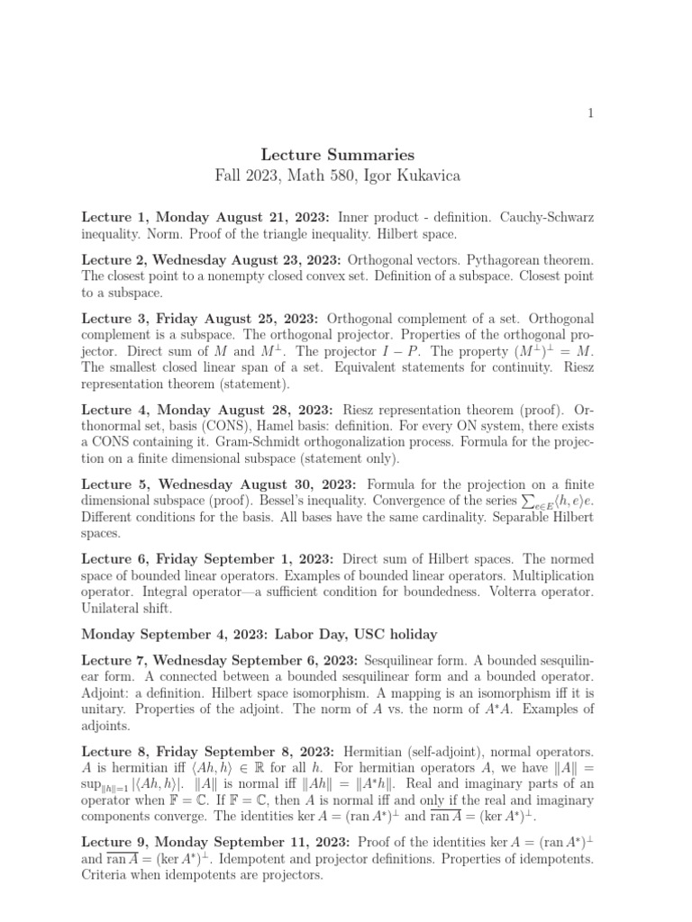lecture_summaries | PDF | Hilbert Space | Banach Space