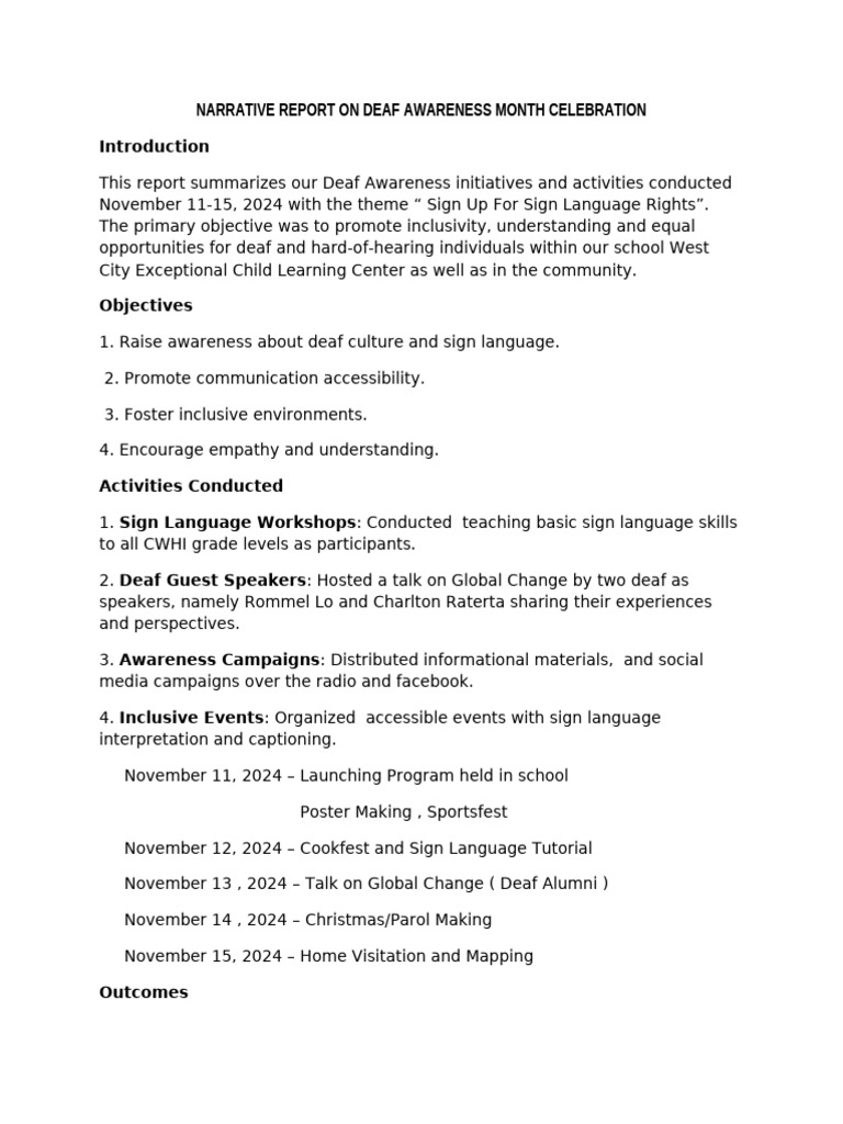 Narrative Report On Deaf Awareness Month Celebration 2024 | PDF ...
