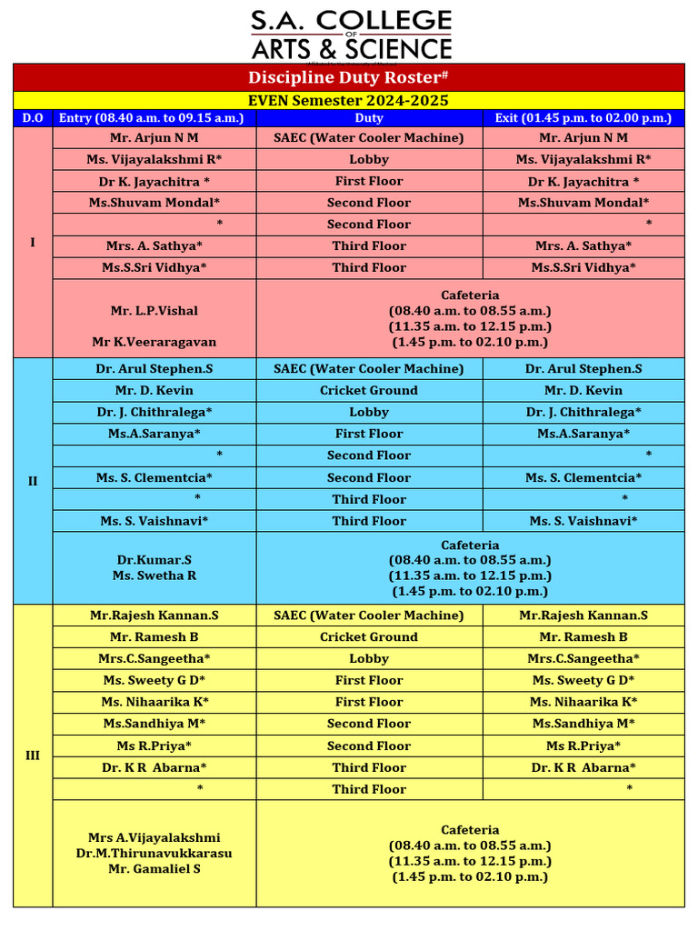 Discipline Duty Roster - 02.1.2025 | PDF