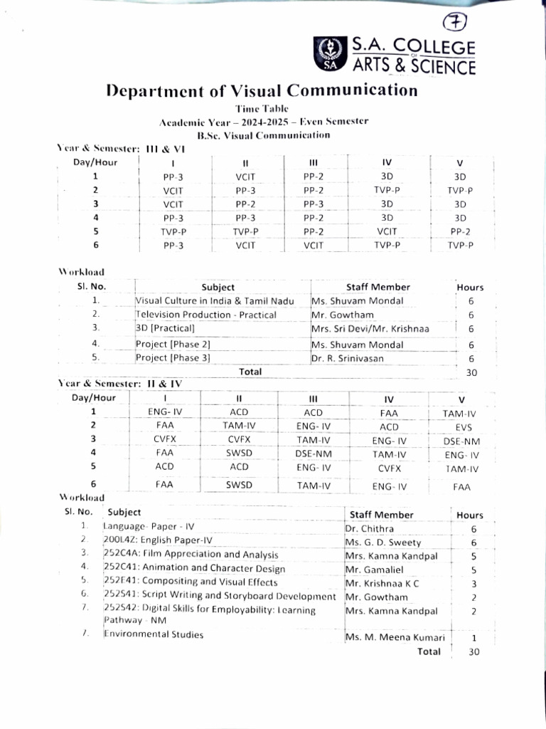 Final Time Table 24-25 Even Sem Viscom | PDF