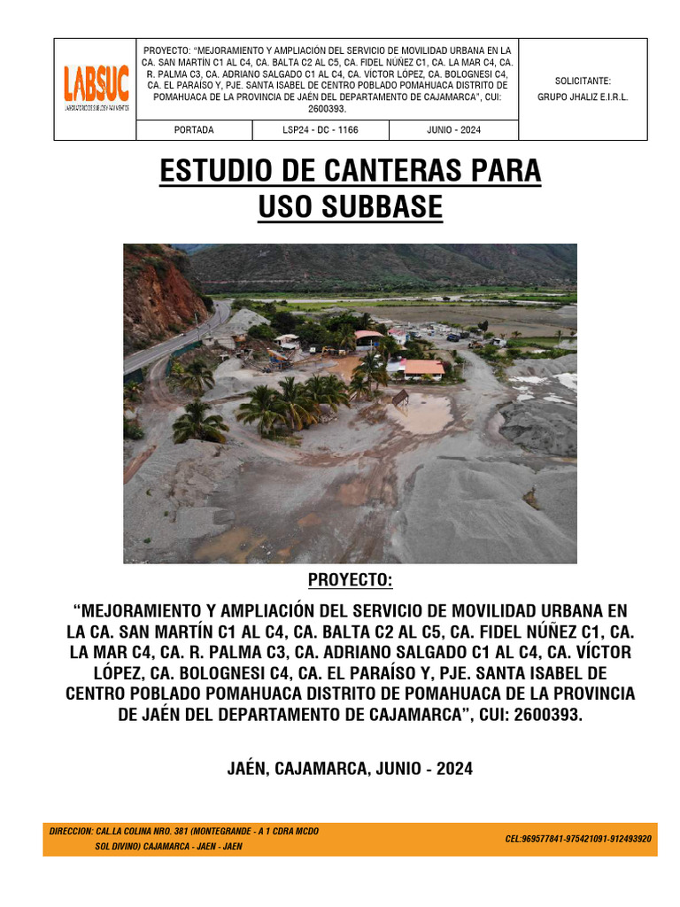 ESTUDIO DE CANTERA - SUBBASE | PDF | Laboratorios | Cantera