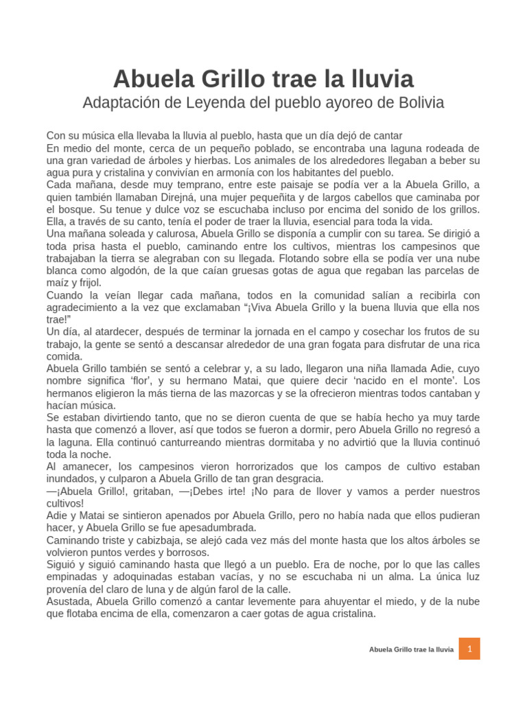 Leyenda Ayorea: Abuela Grillo y la Lluvia | PDF | Lluvia